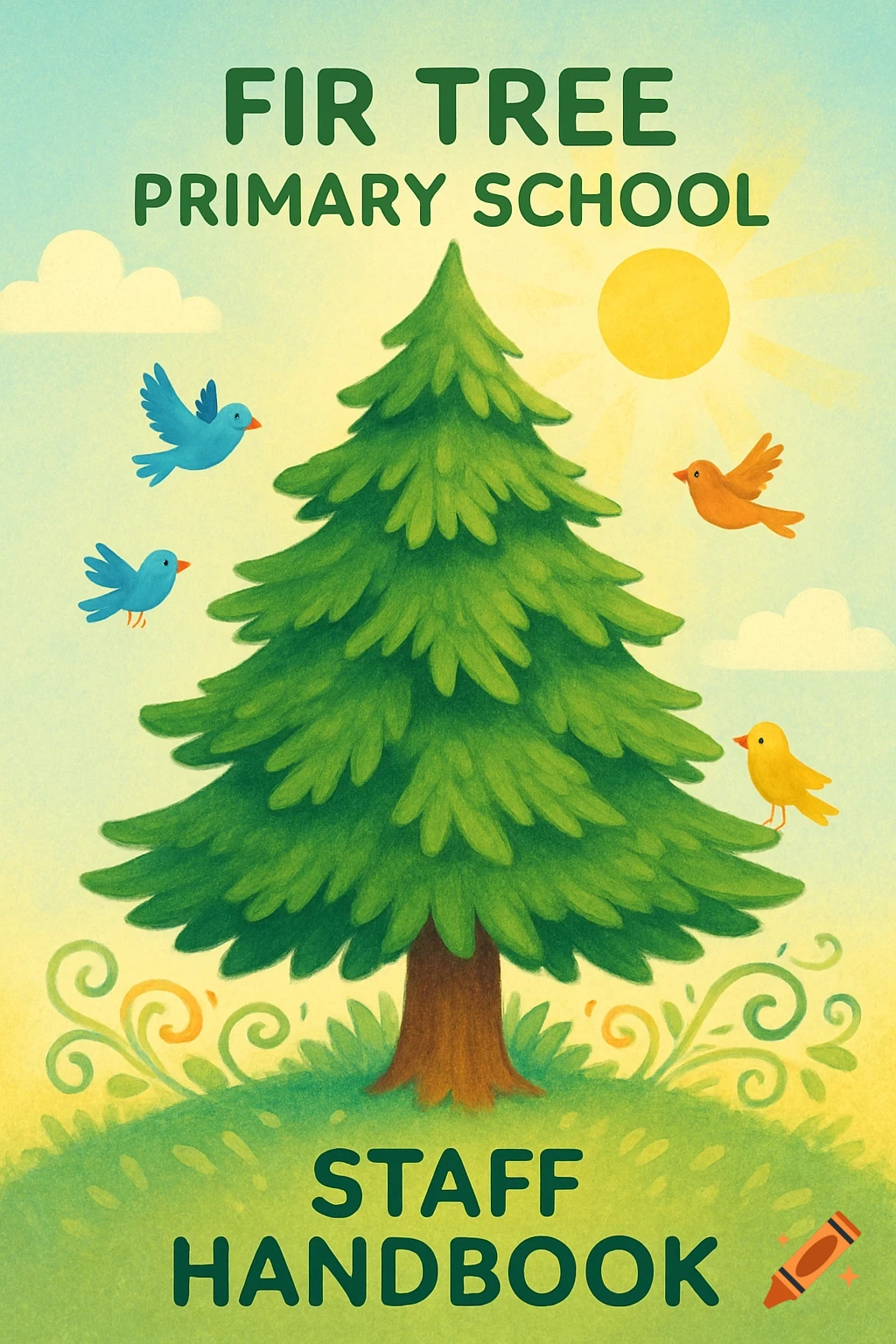 Illustrated cover for a school staff handbook with a large fir tree ...