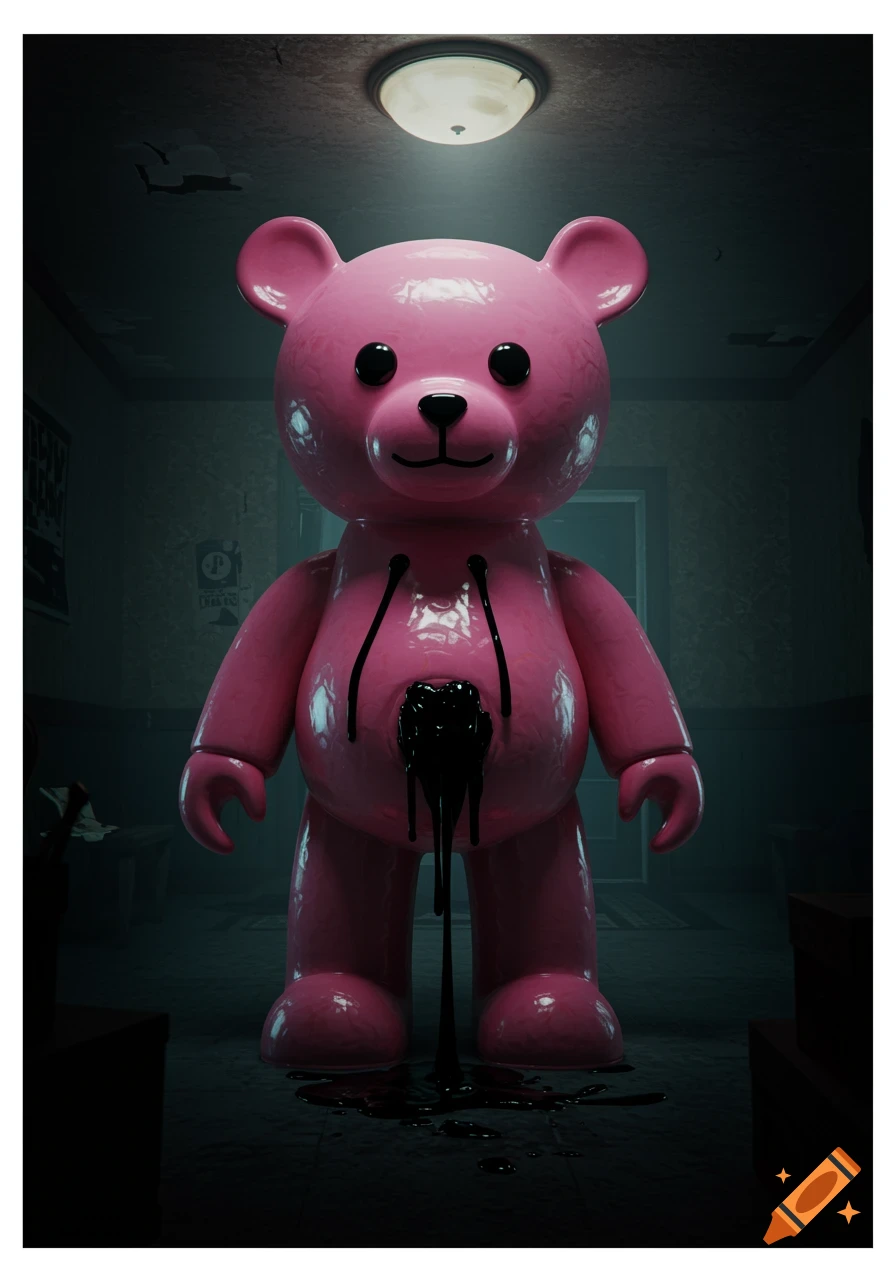 A giant, glossy pink rubber teddy bear stands in a dim, old apartment ...