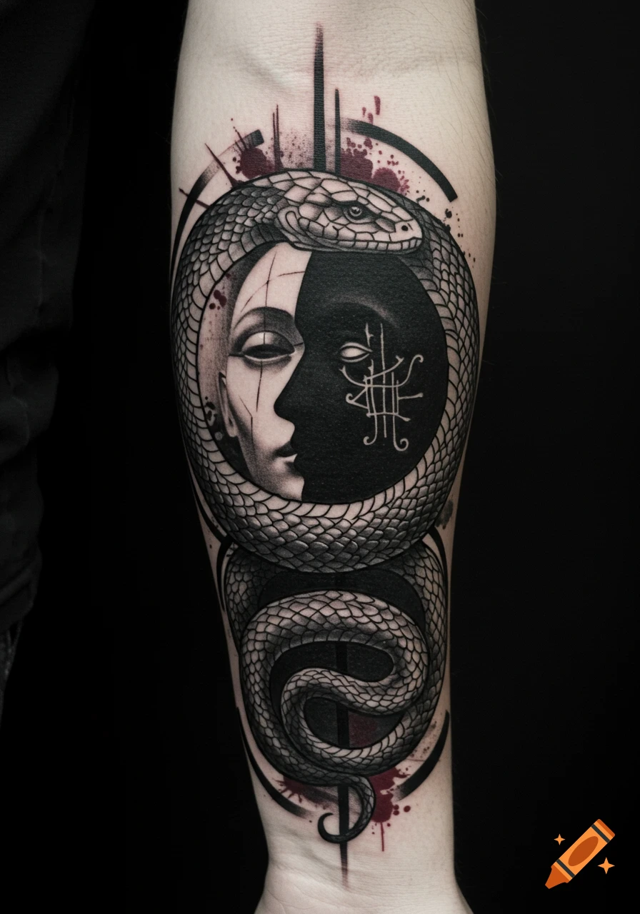A vibrant green and grey snake tattoo with tribal patterns wrapped ...
