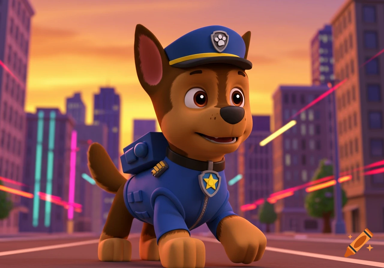 Chase from Paw Patrol, a 3D animated German Shepherd police dog in a ...
