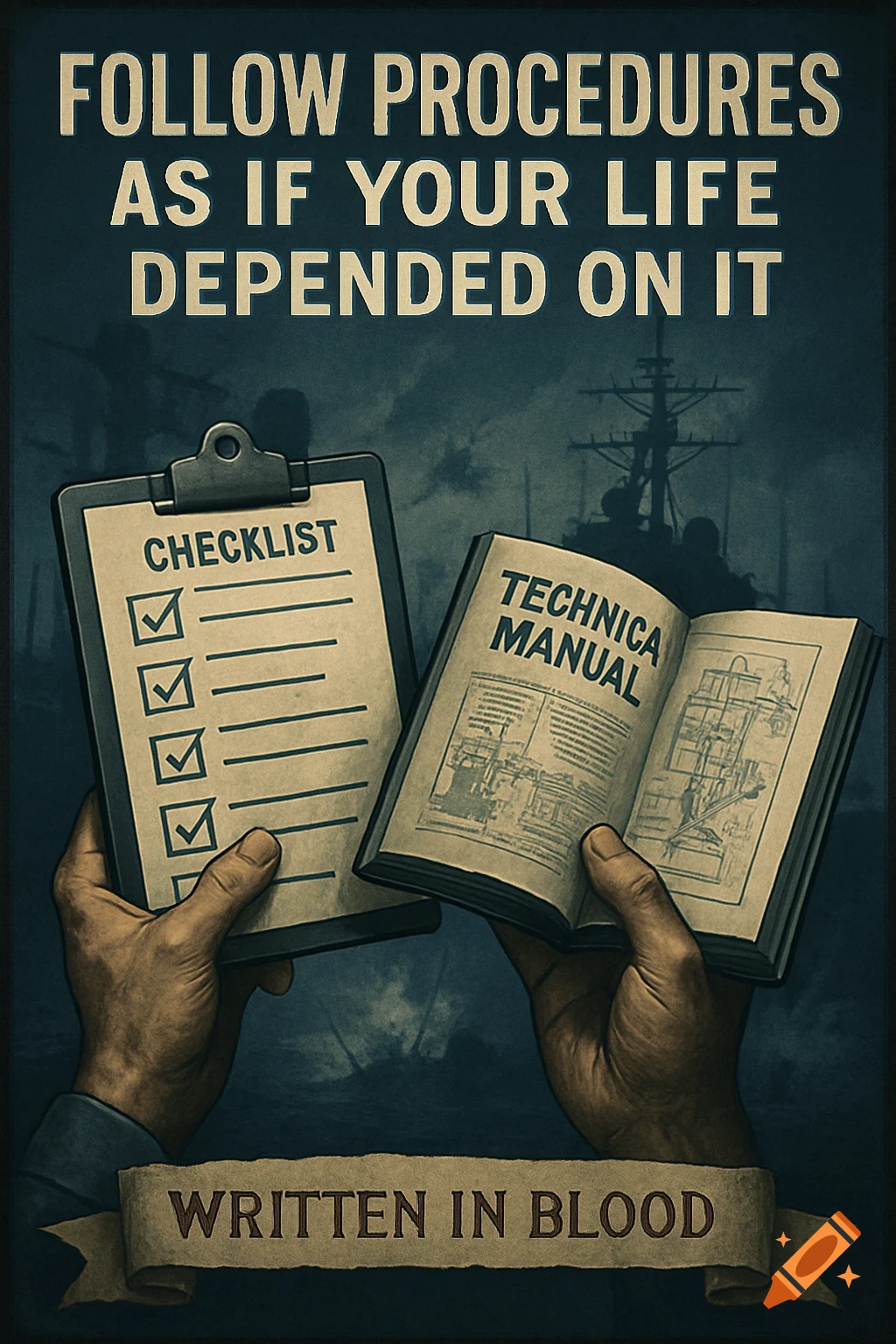 A vintage-style poster with hands holding a clipboard labeled ...