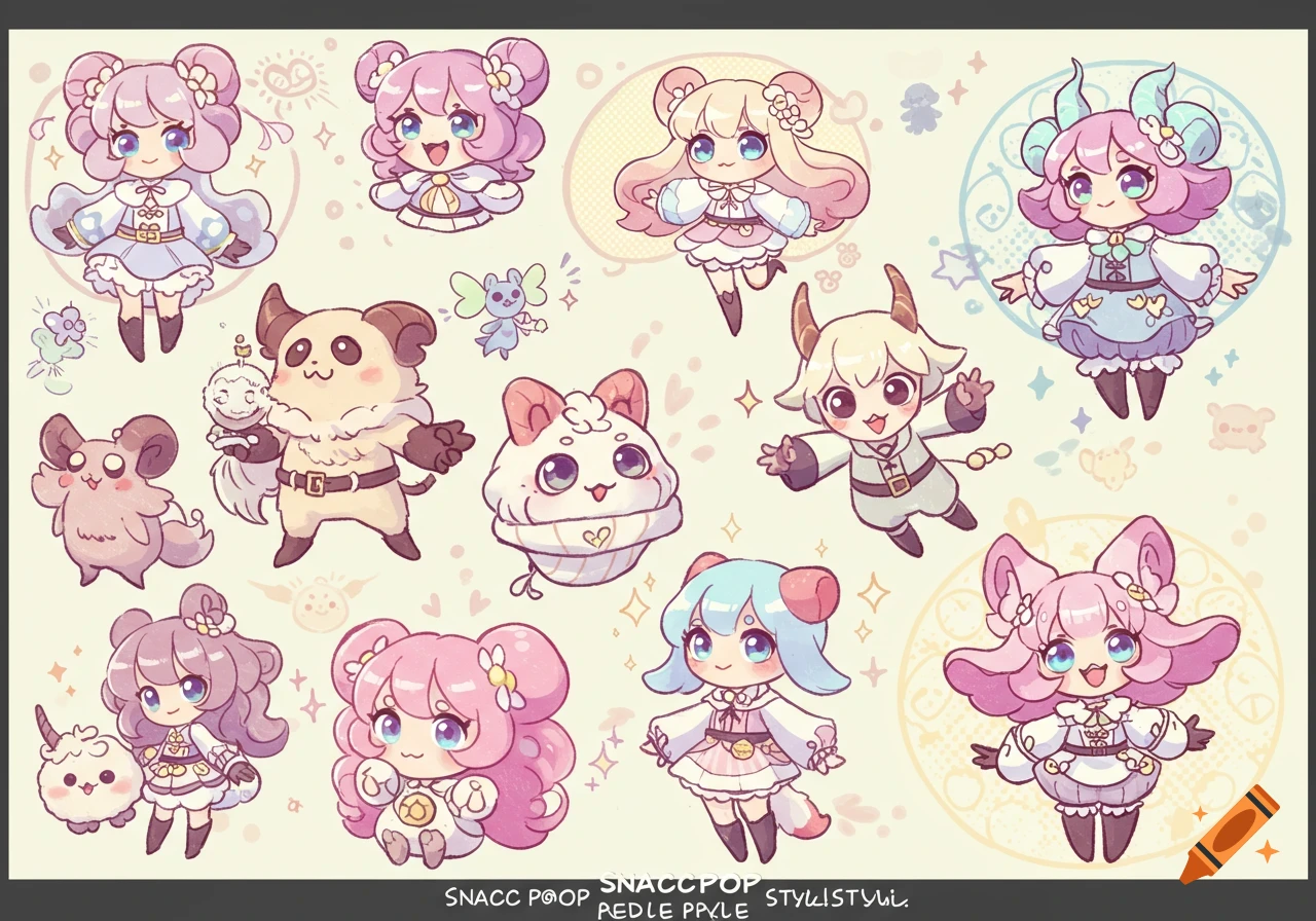A collection of cute, chibi-style characters with animal ears in pastel ...