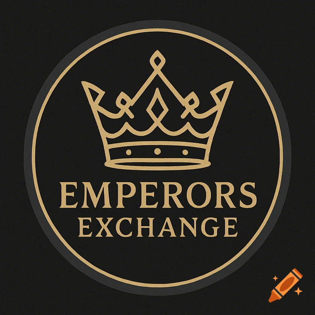 A gold crown outline above 'EMPERORS EXCHANGE' text in a circular black ...