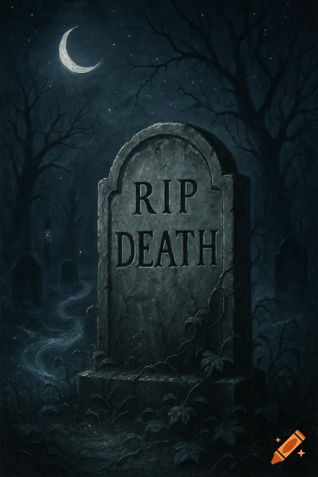 A dark, misty graveyard at night, with a prominent tombstone featuring ...