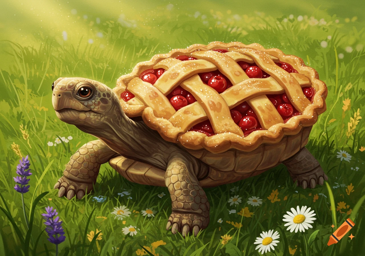 A whimsical turtle with a cherry pie for a shell walks in a sunny ...