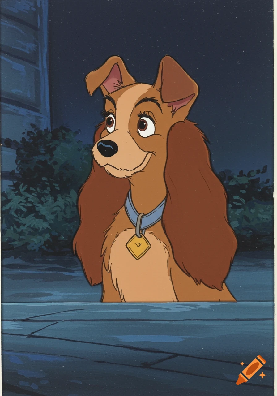 Lady, the cocker spaniel from Disney's Lady and the Tramp, looks up and ...