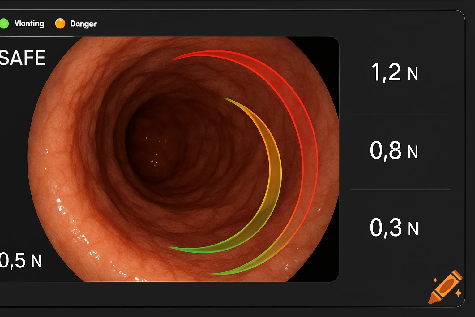 A graphical user interface showing a colonoscopy view with force ...