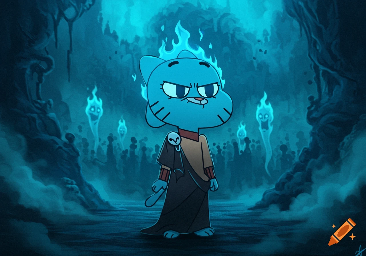 A person in a blue Gumball Watterson mascot costume stands on a paved ...