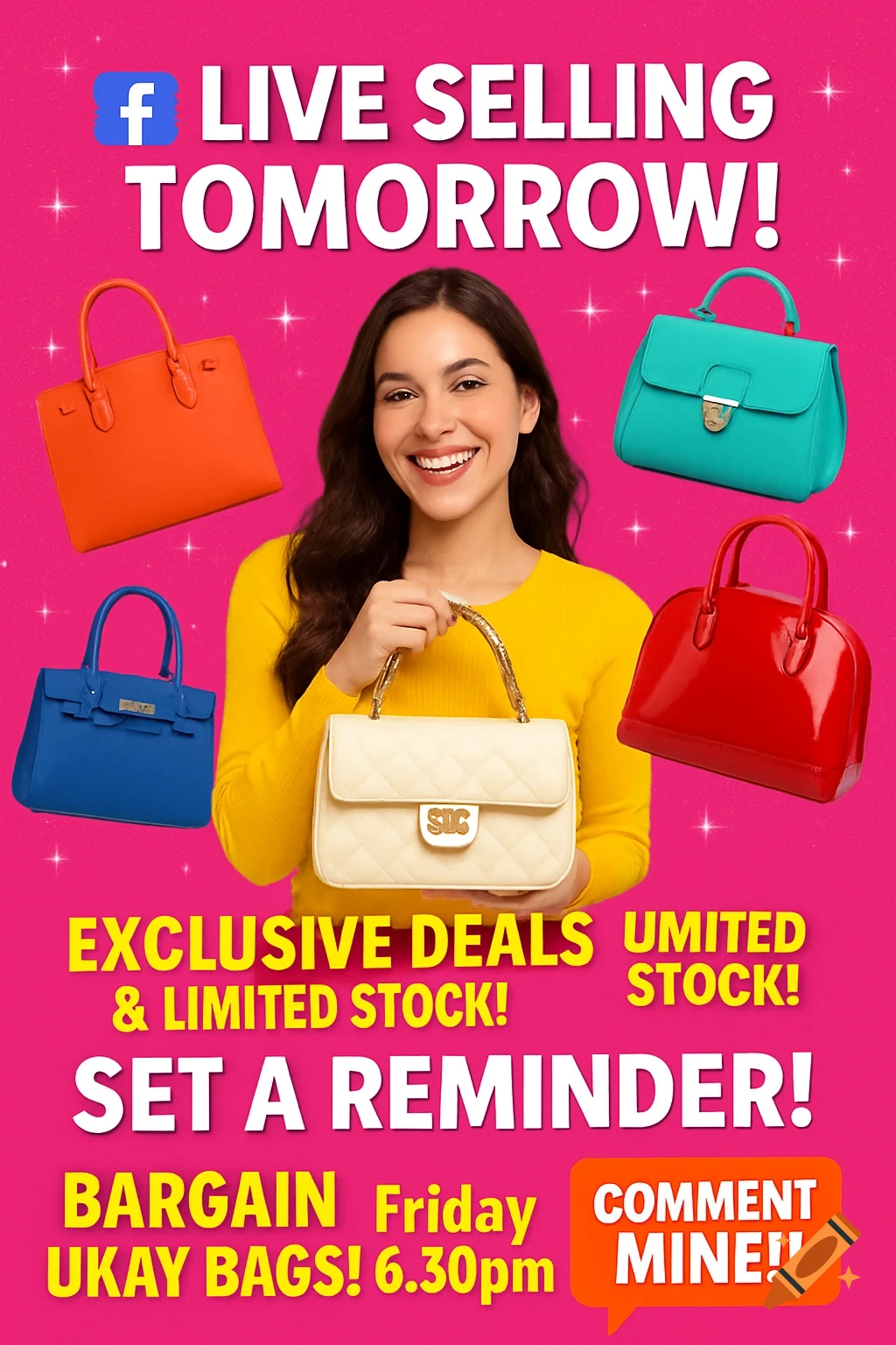 A vibrant pink Facebook Live sale poster features a smiling woman in a ...