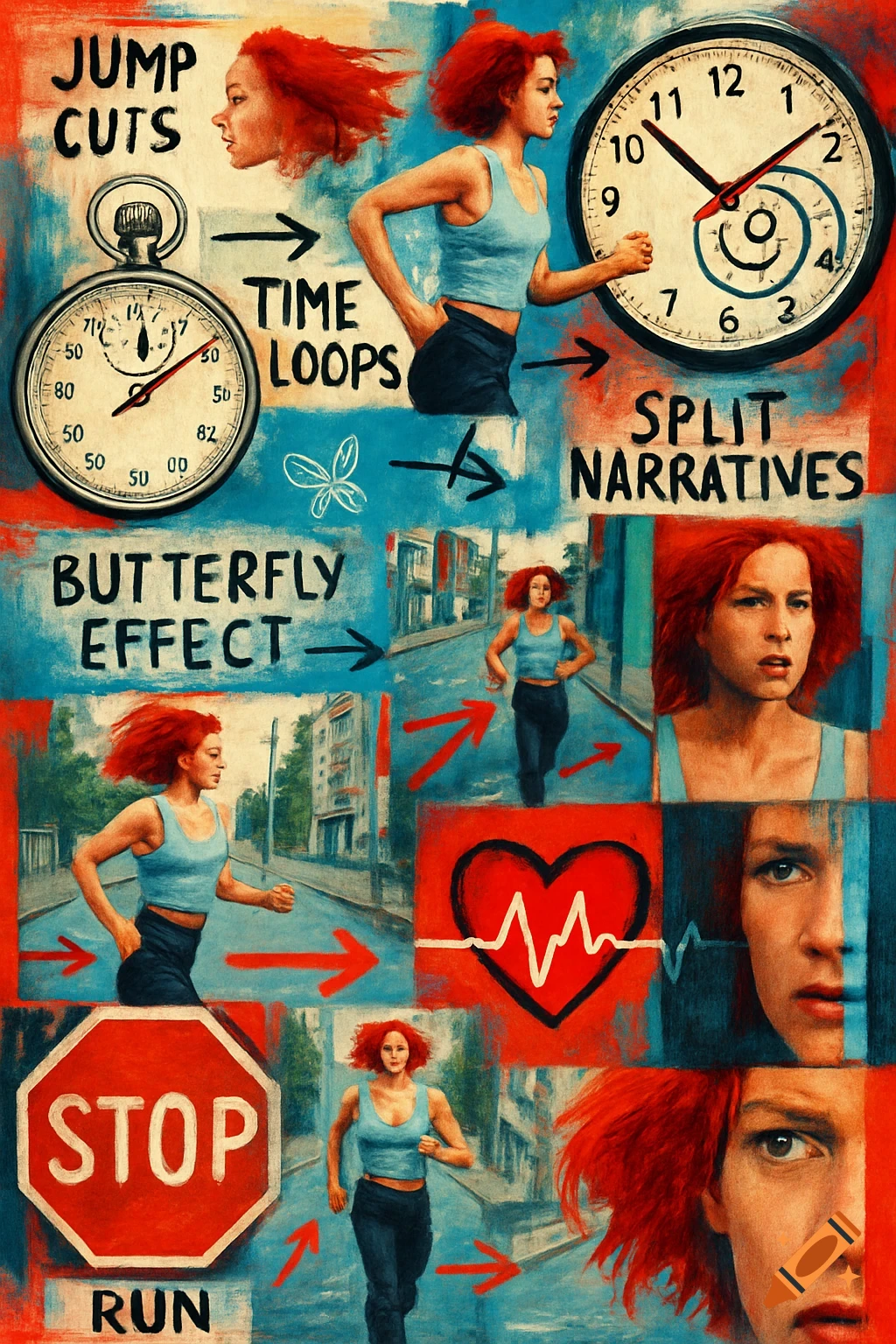 An annotated, abstract painting in red and blue tones illustrating film techniques like jump ...