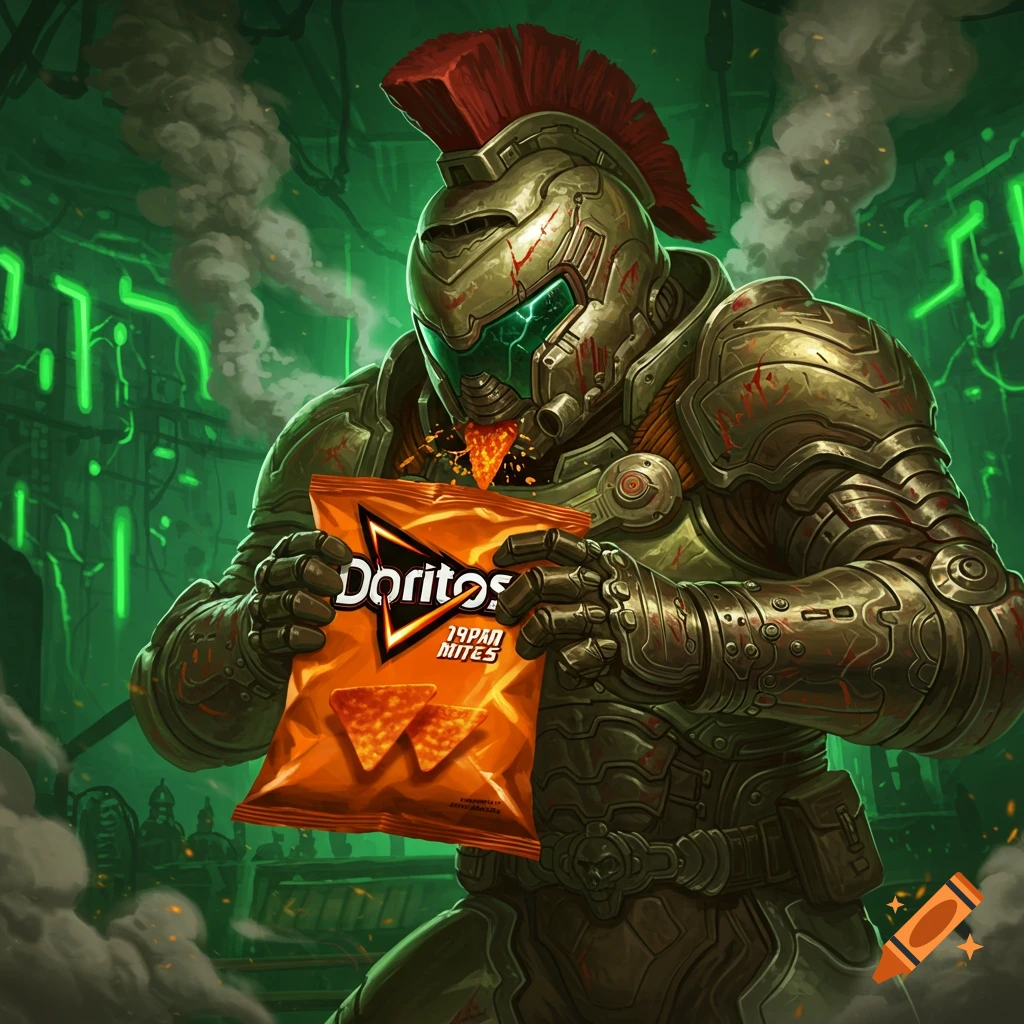 The Doomslayer character eating Doritos from a bag in a green, smoky ...