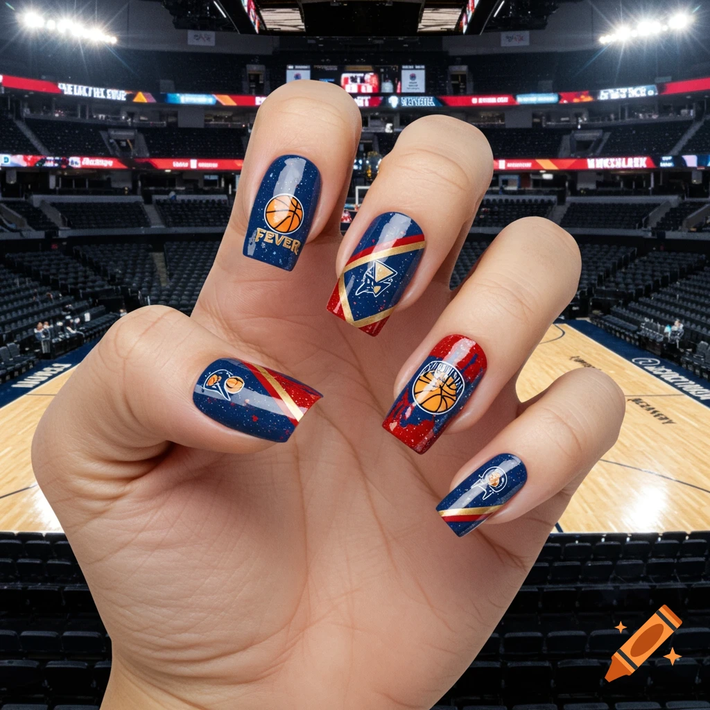 A close-up of a hand with five nails painted with Indiana Fever ...