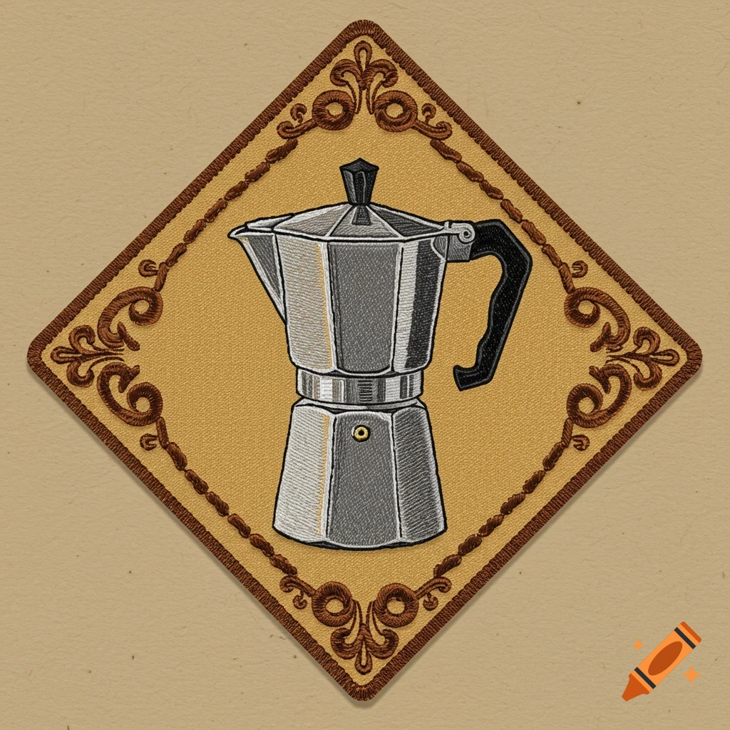 A vintage diamond-shaped embroidered patch featuring an Italian Moka ...