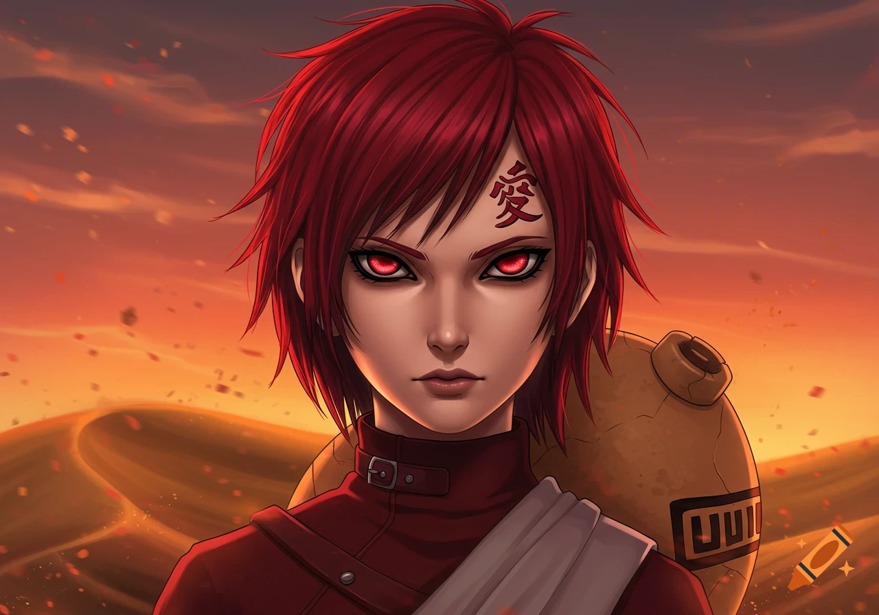 An anime portrait of a female Gaara with short red hair, glowing red ...