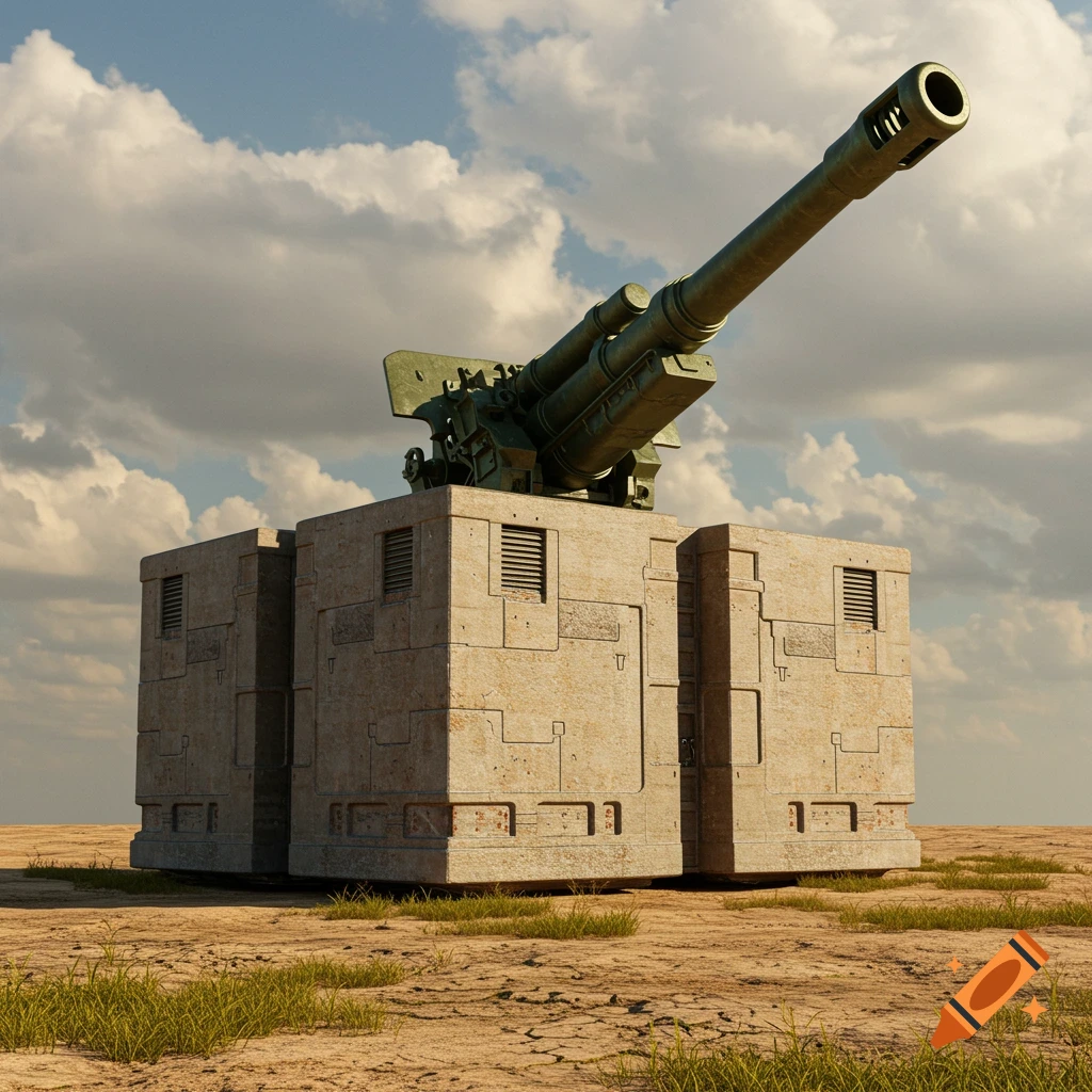 A massive, olive green artillery cannon mounted on a large concrete ...