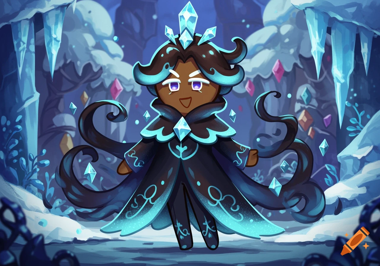 Smiling Shadow Milk Cookie from Cookie Run Kingdom, in a dark, ice-blue ...