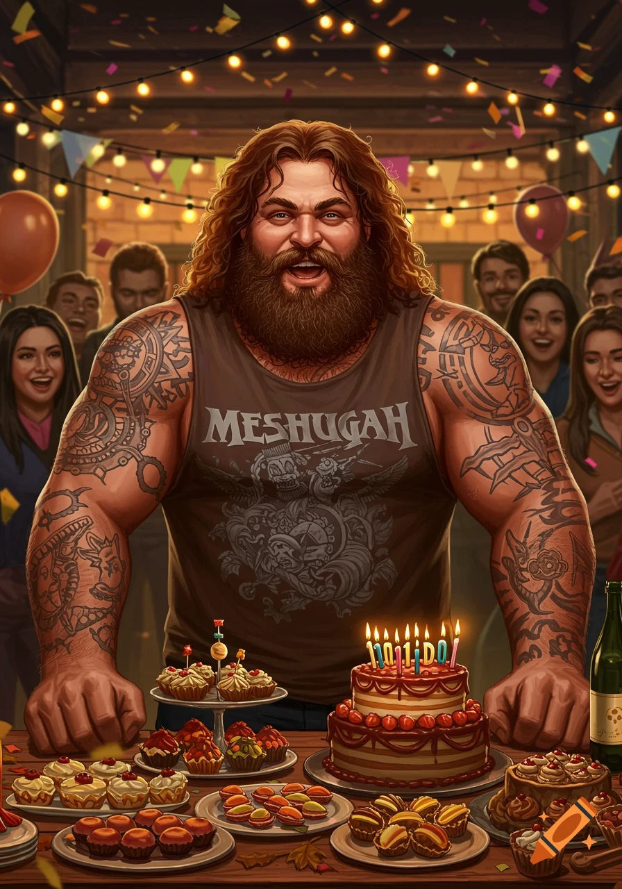 A muscly man with curly hair and a beard wearing a "MESHUGGAH" tank top ...