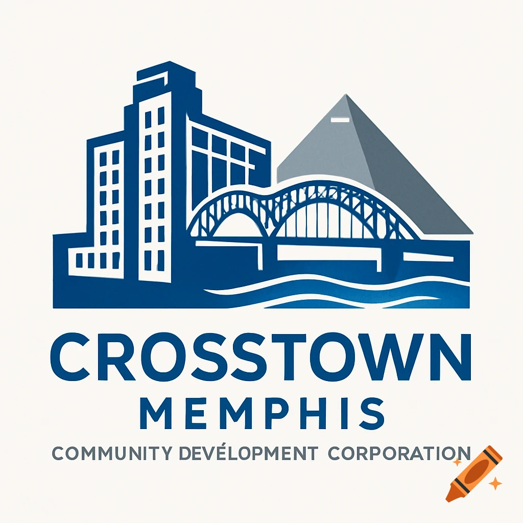 A blue and gray logo with stylized buildings, a bridge, and a pyramid ...