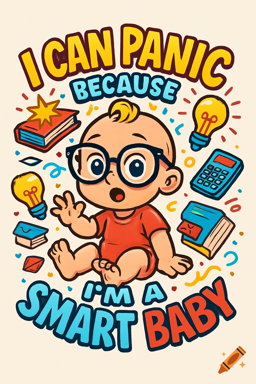 A cartoon baby wearing glasses, surrounded by books and lightbulbs ...