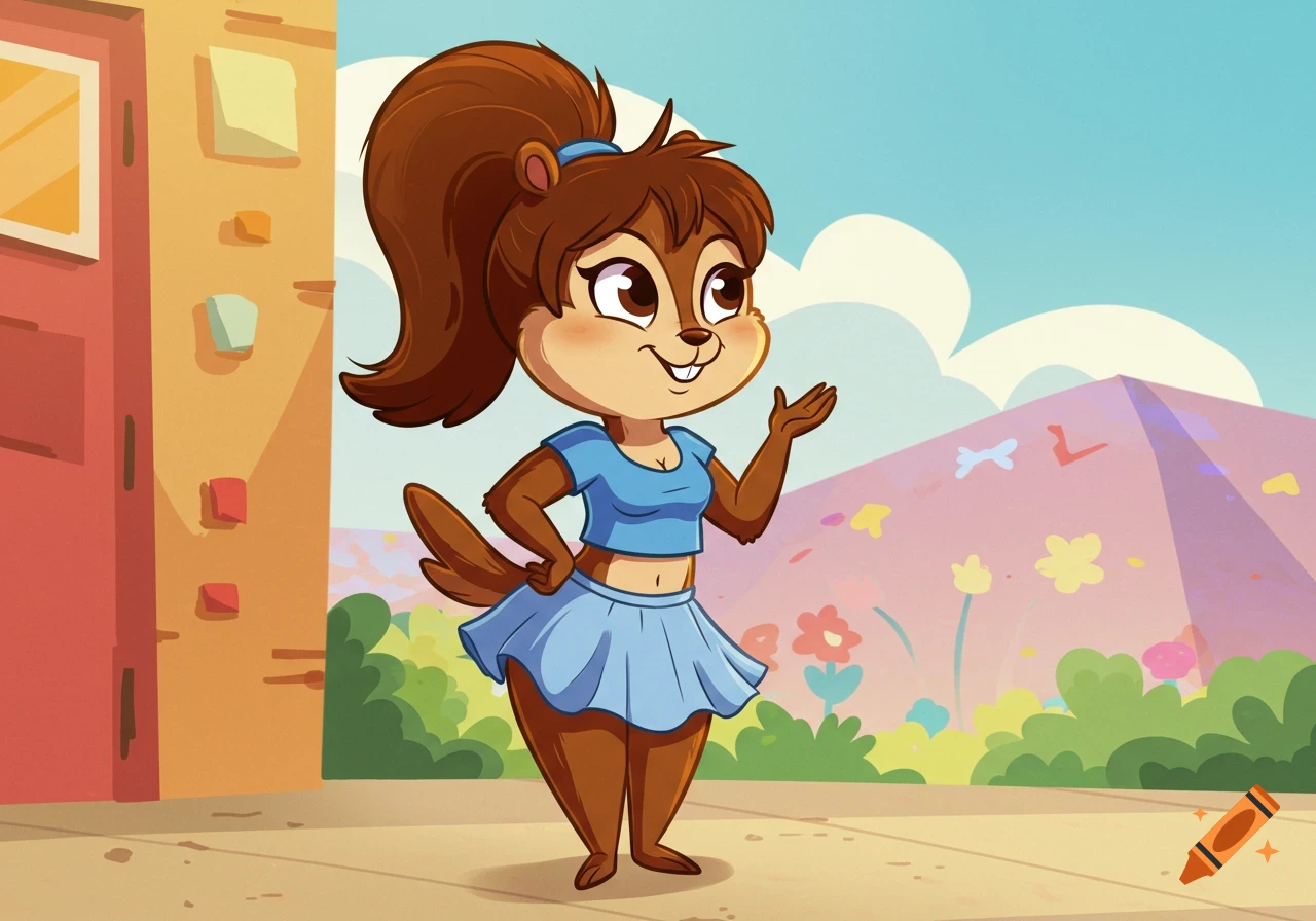 A smiling cartoon chipmunk girl with a brown ponytail, wearing a blue ...