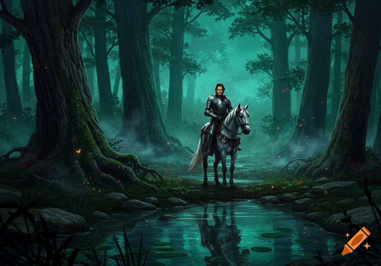A knight in shining armor rides a white horse through a mystical, teal ...