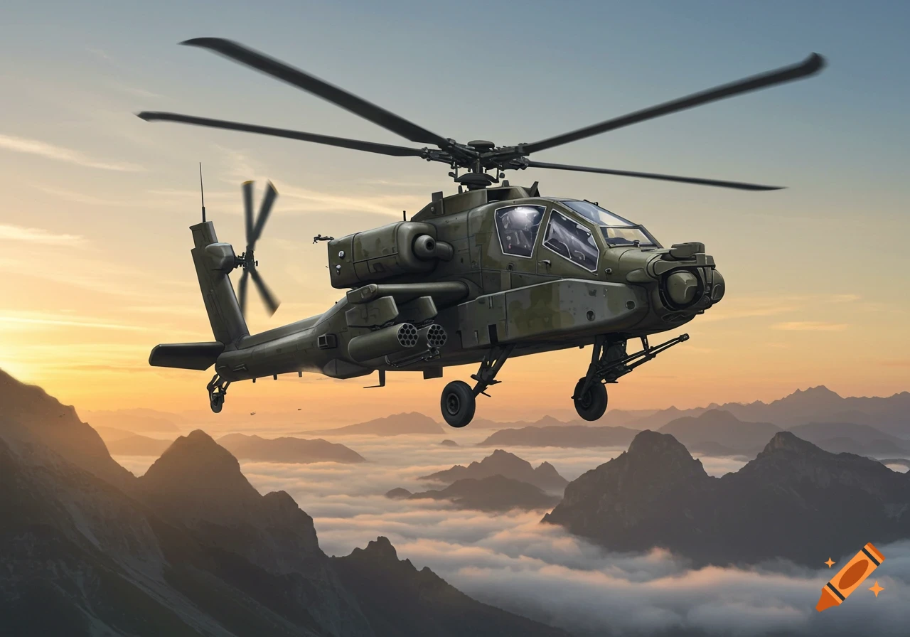 A photorealistic image of an Apache AH-64 attack helicopter flying over a mountain range with ...