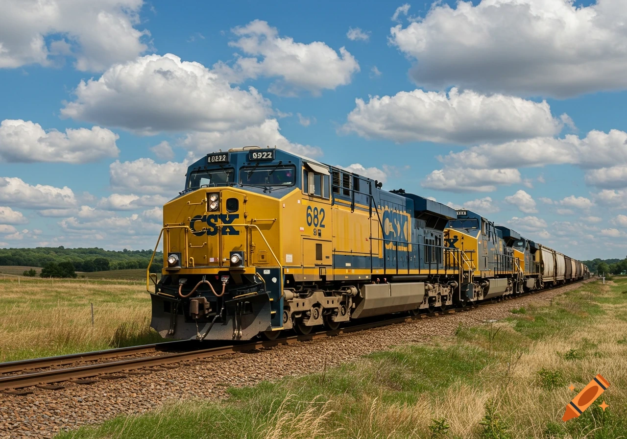 A photorealistic image of a blue and yellow CSX freight train moving on tracks under a bright ...