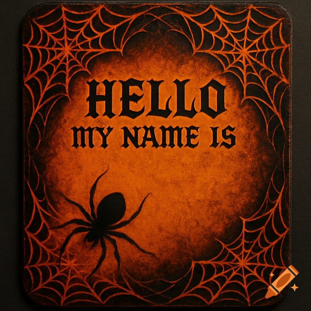 Halloween-themed name tag with orange and black, featuring a spider ...