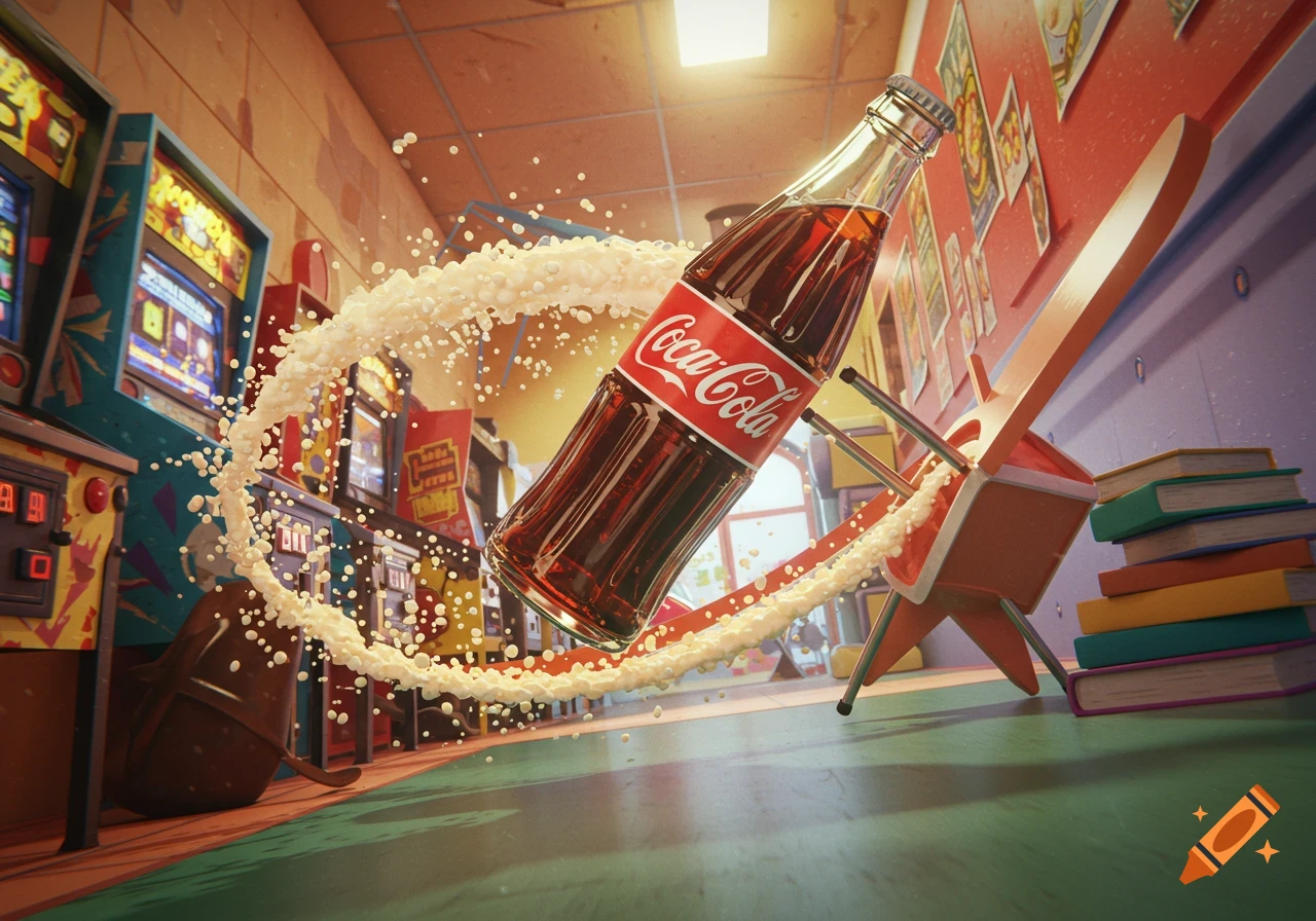 A dynamic, cartoonish image of a Coca-Cola bottle fizzing and shooting through an arcade room ...