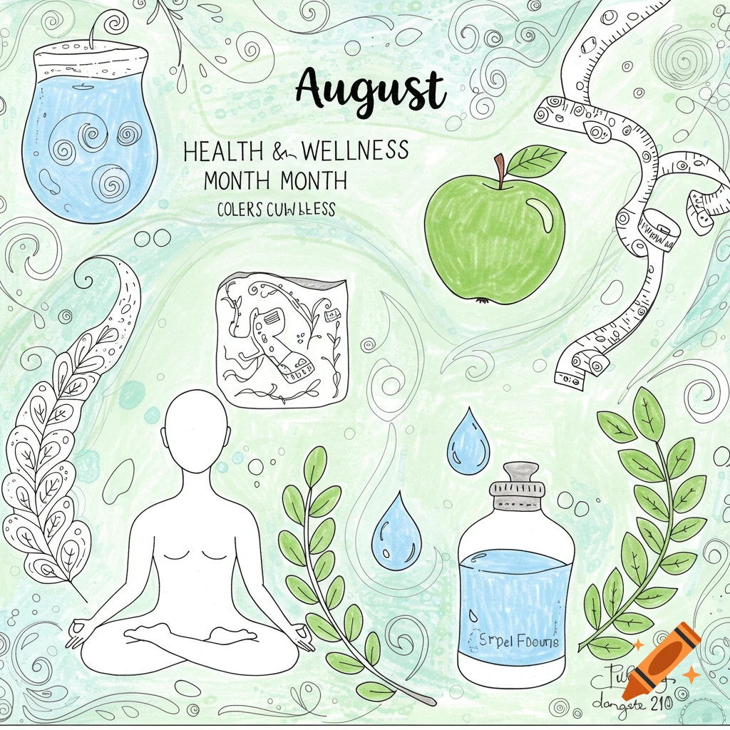 A coloring page with various health and wellness symbols, including a ...