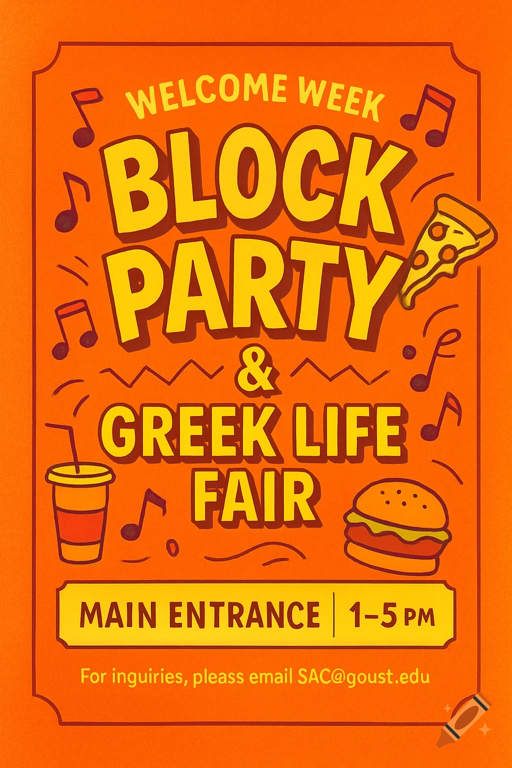 A colorful orange flyer with yellow text promoting a "Welcome Week ...