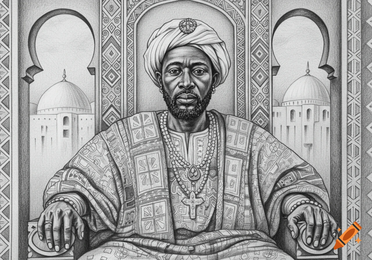Black and white pencil drawing of Mansa Musa, an African king, seated ...