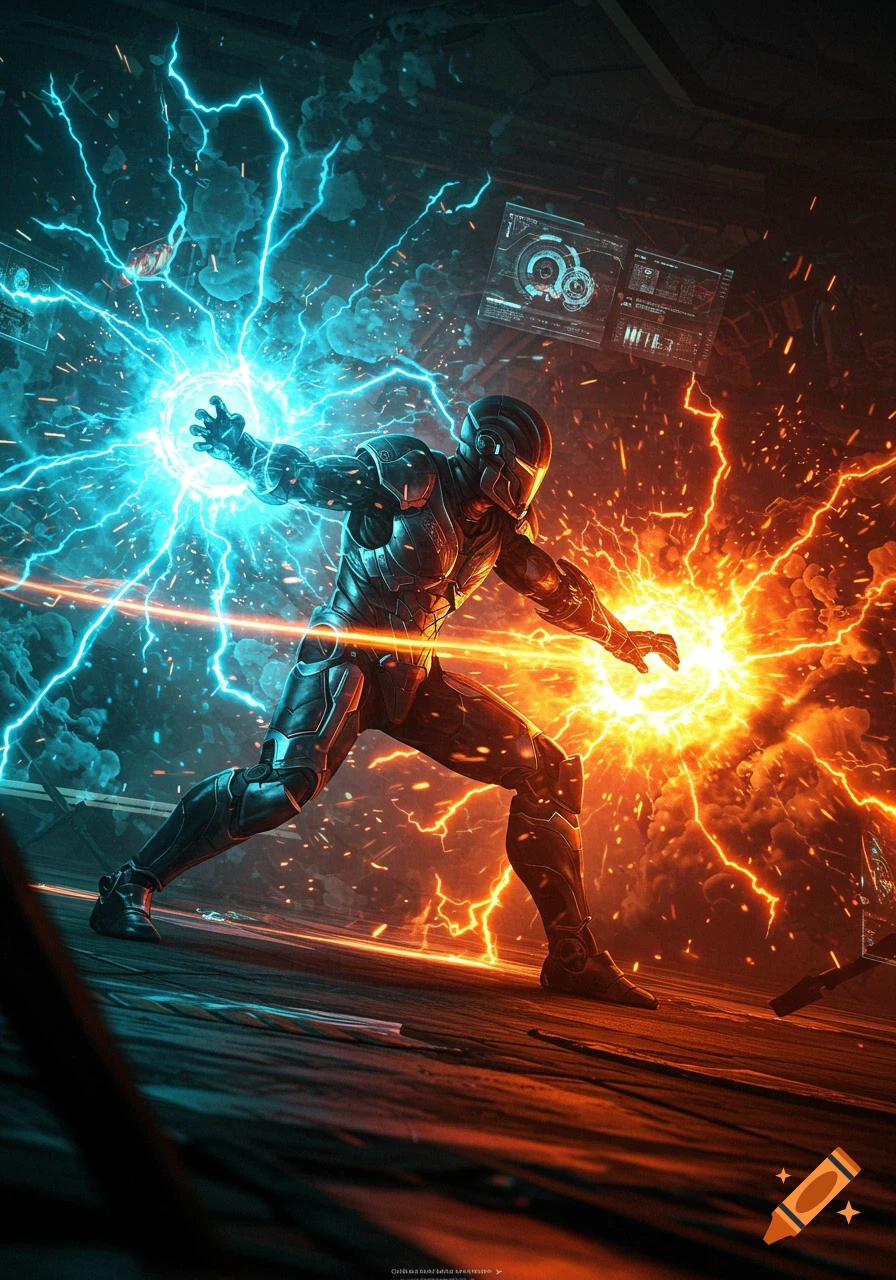 A futuristic armored character wields blue and orange energy blasts in ...