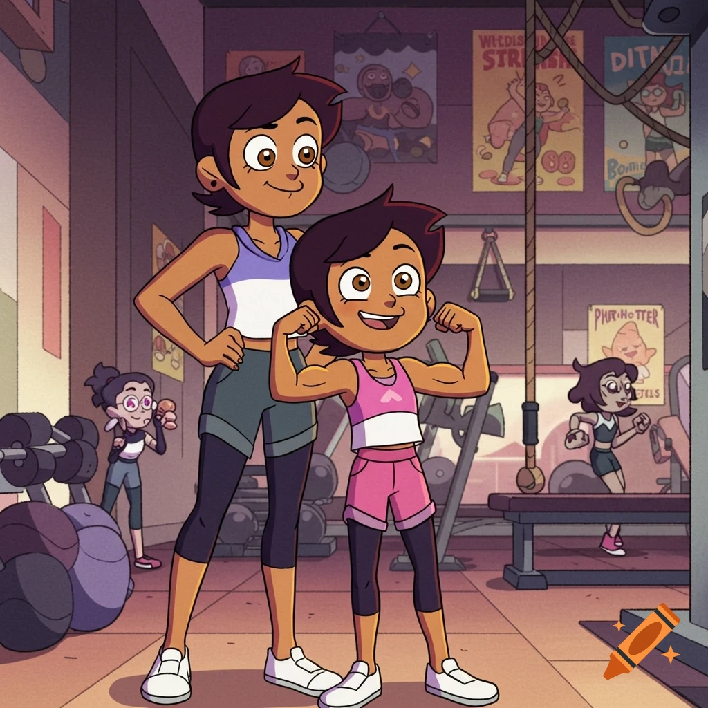 A cartoon image of Luz from The Owl House and an older woman flexing ...