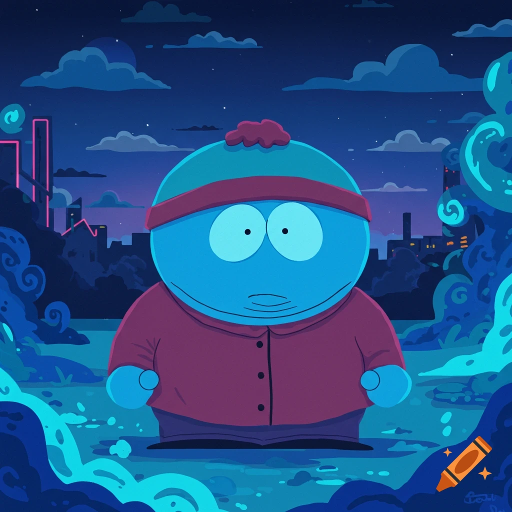 A blue Eric Cartman character stands in a dark, stylized city at night ...