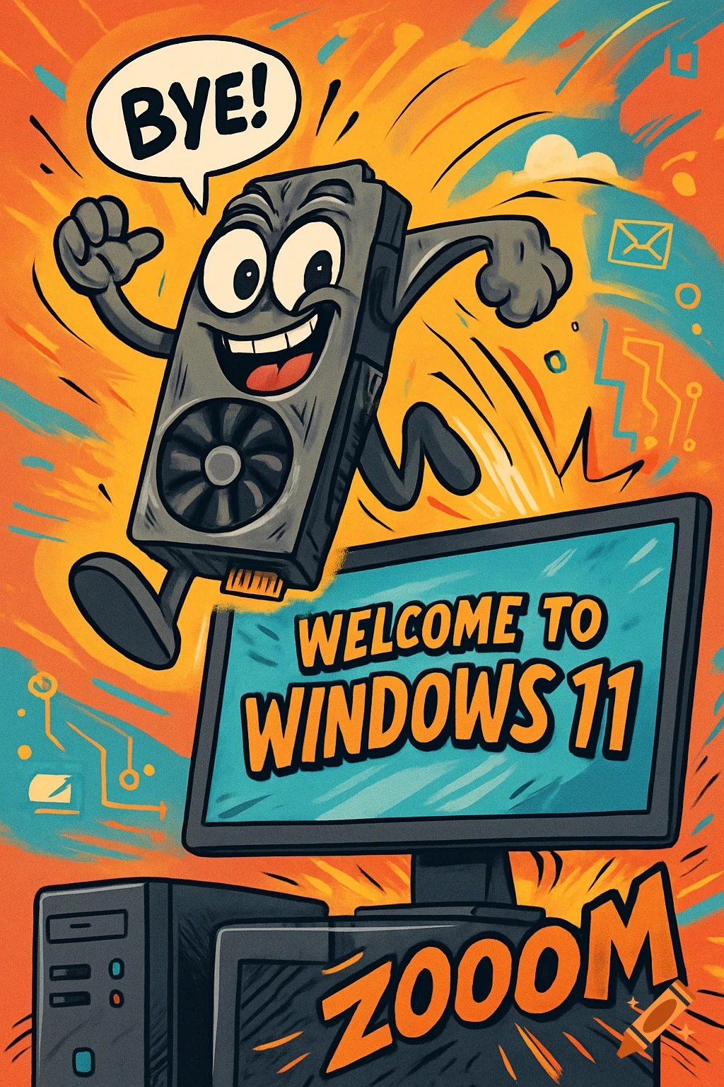 A comic-style illustration of a smiling graphic card character jumping ...