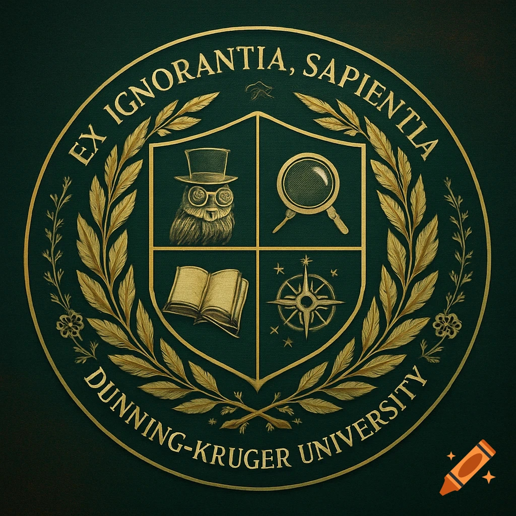 A dark green and gold university crest featuring an owl in a top hat, a ...