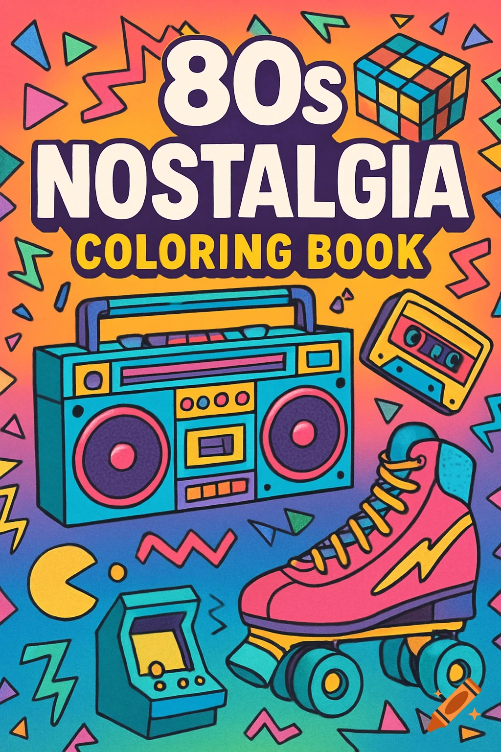 A colorful 80s nostalgia coloring book cover featuring a boombox ...