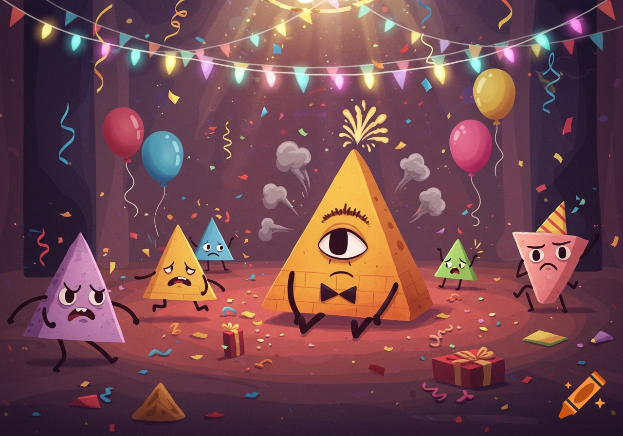 A cartoon illustration of a large one-eyed yellow triangle character ...