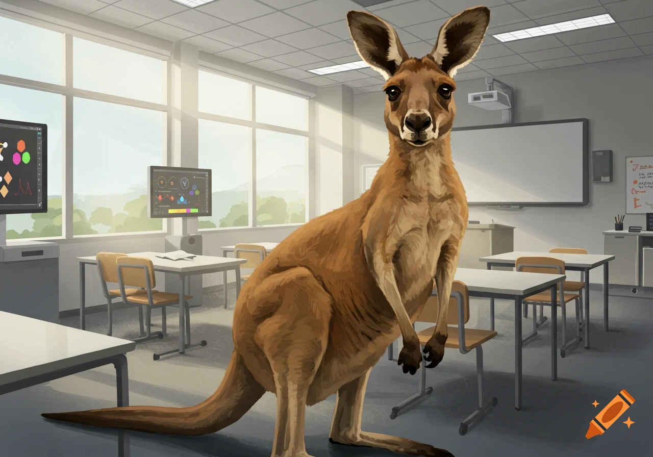 A photorealistic kangaroo stands at the front of a modern classroom ...