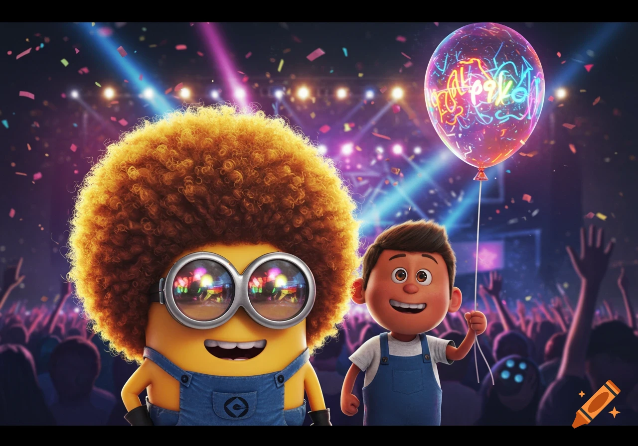 A Minion with a large afro and a young boy, both smiling, stand at a ...