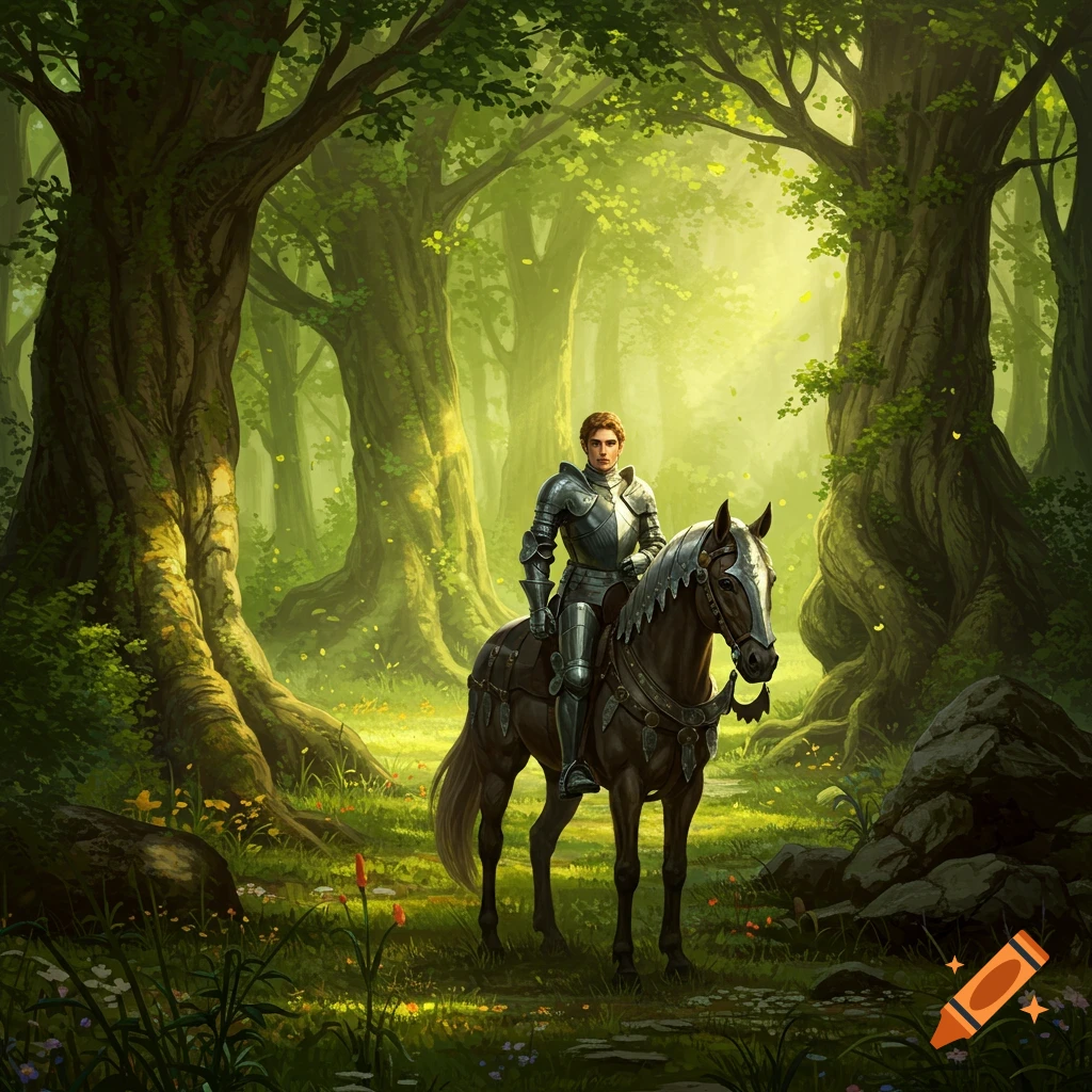 A medieval knight and a maiden hold hands in a sunlit, ethereal forest ...