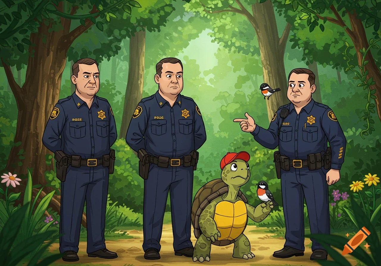 Three cartoon police officers in a forest look at a turtle wearing a ...