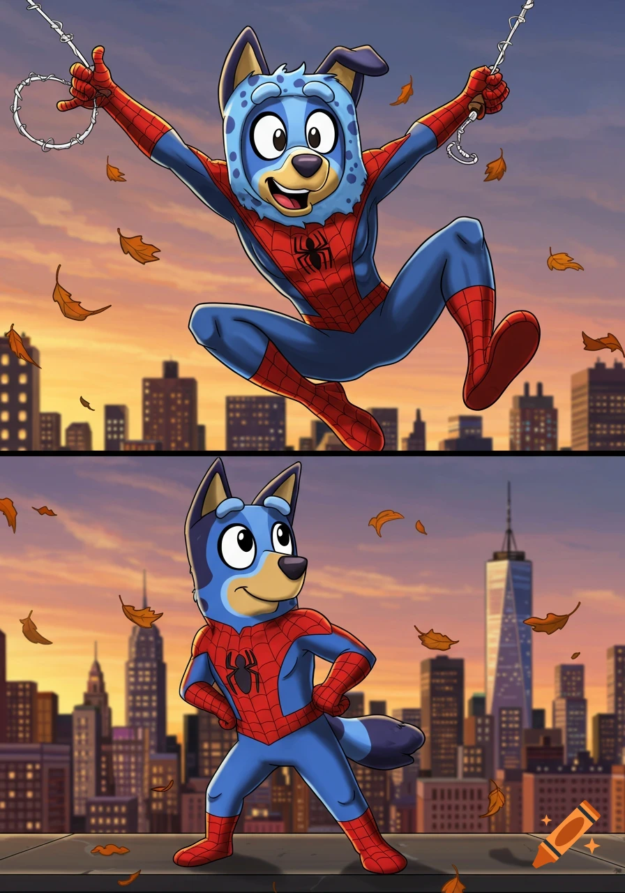 Bluey Heeler in a red bird costume with a yellow beak and black tap ...