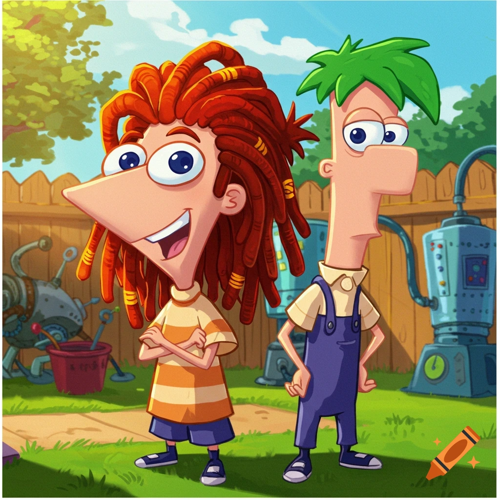 Cartoon of Phineas and Ferb characters in a backyard, one with red ...