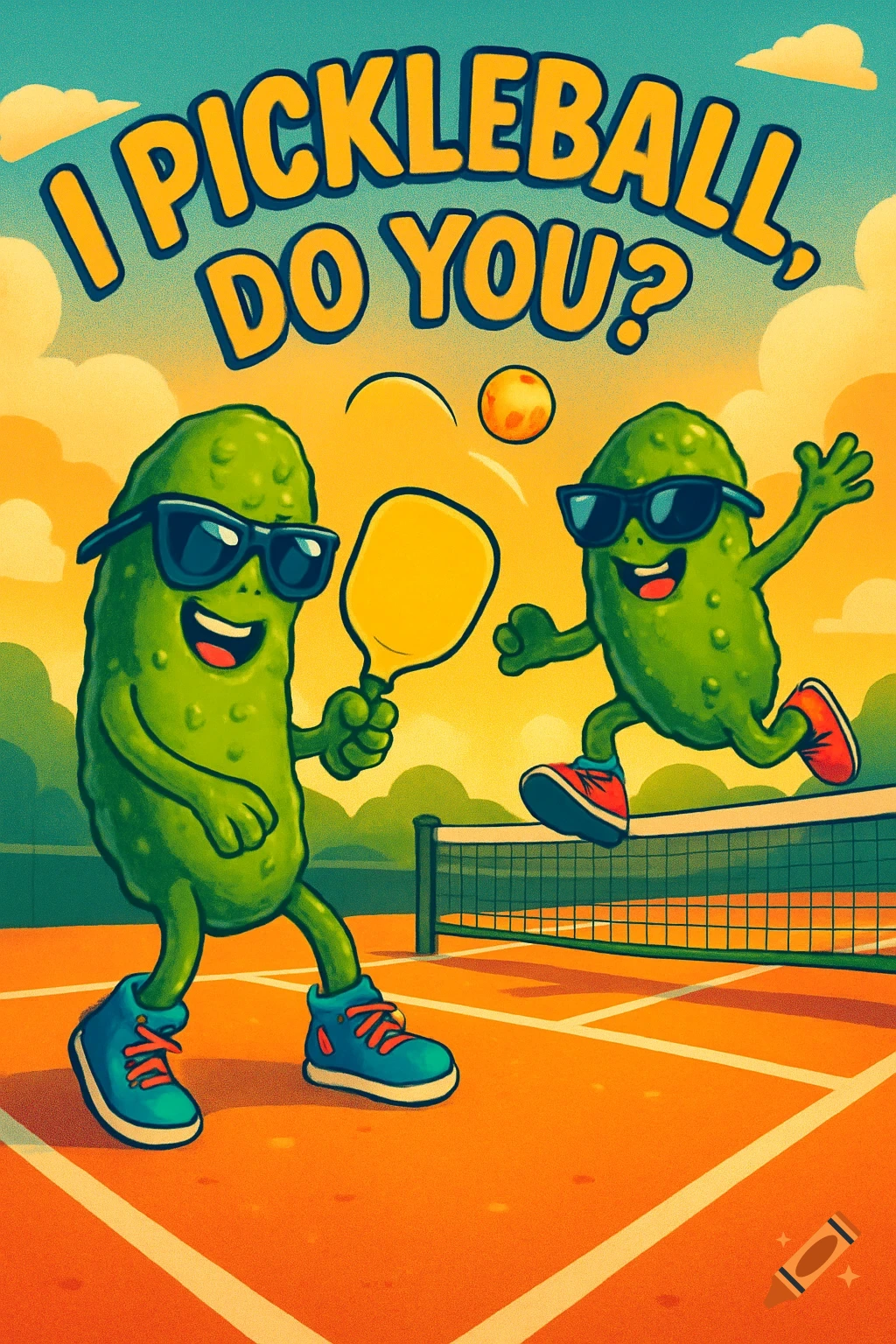 Two cool cartoon pickles with sunglasses playing pickleball on a court ...