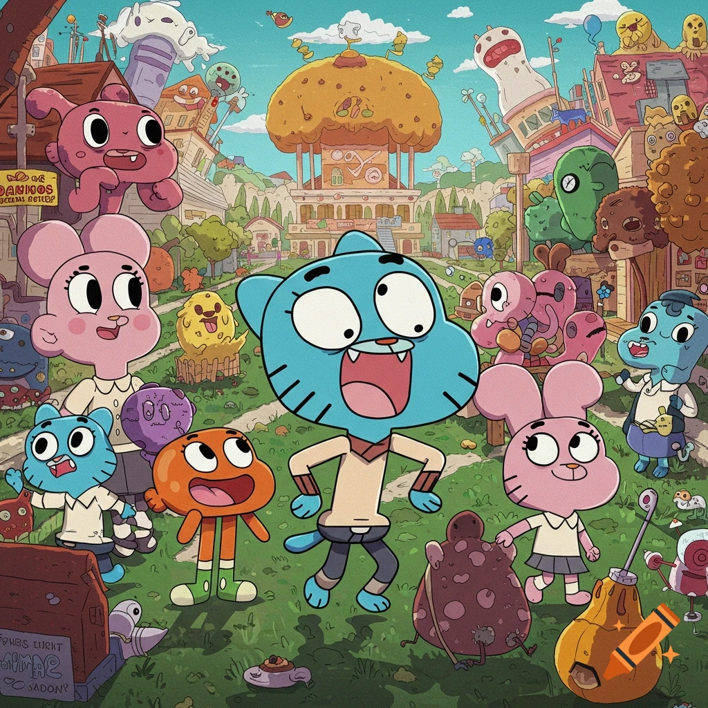 A colorful cartoon landscape featuring characters from The Amazing ...