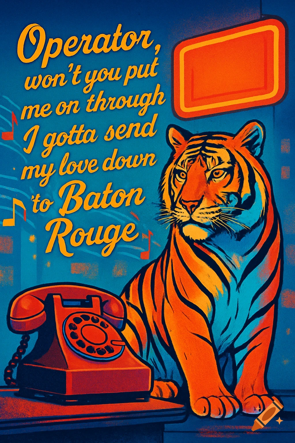 A vibrant pop art graphic of a sitting tiger next to a red rotary phone ...
