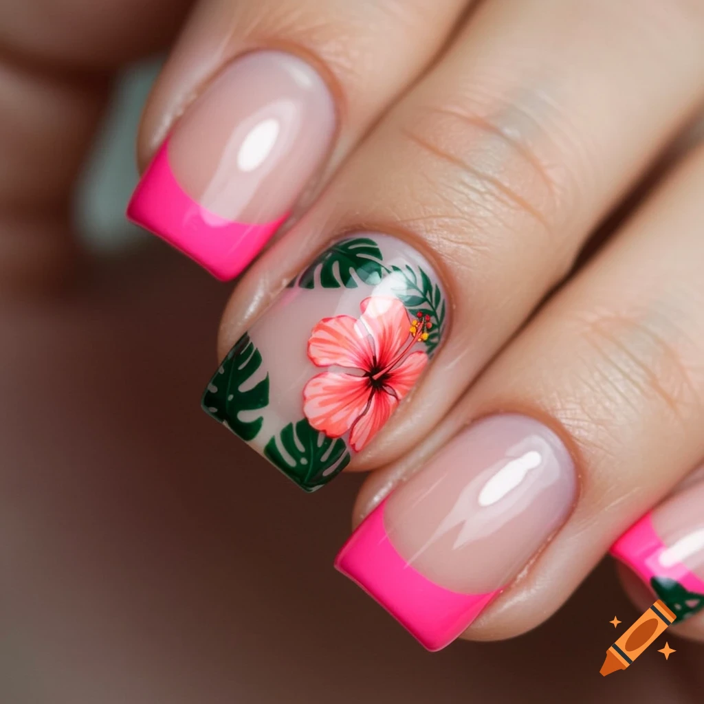 Close-up of decorated nails with French tips, 3D pink flowers, and ...