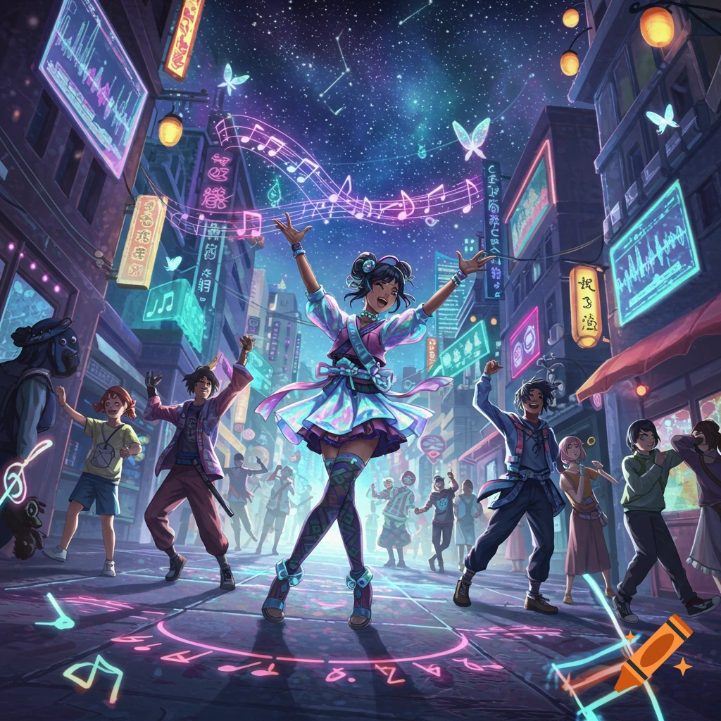 Anime-style illustration of vibrant characters dancing in a neon-lit ...